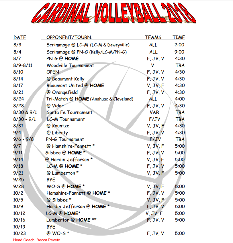 2018 Volleyball Schedules - KOGT