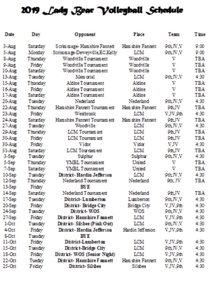 2019 Area Volleyball Schedules - KOGT