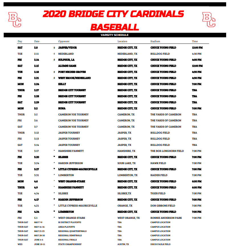 2020 Baseball/Softball Schedules - KOGT